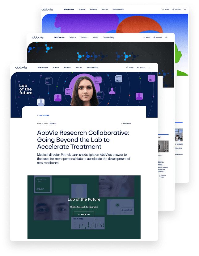 Three stacked AbbVie website interfaces showing the "Lab of the Future" research collaborative ...